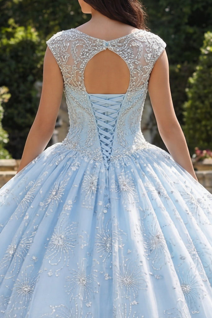 ZAPAKA Women Ball Gown Sky Blue Quinceanera Dress Beaded Illusion Neck ...