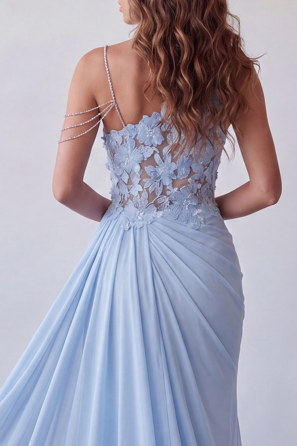Zapaka Women One Shoulder Formal Dress Sky Blue Appliqued Chiffon ...