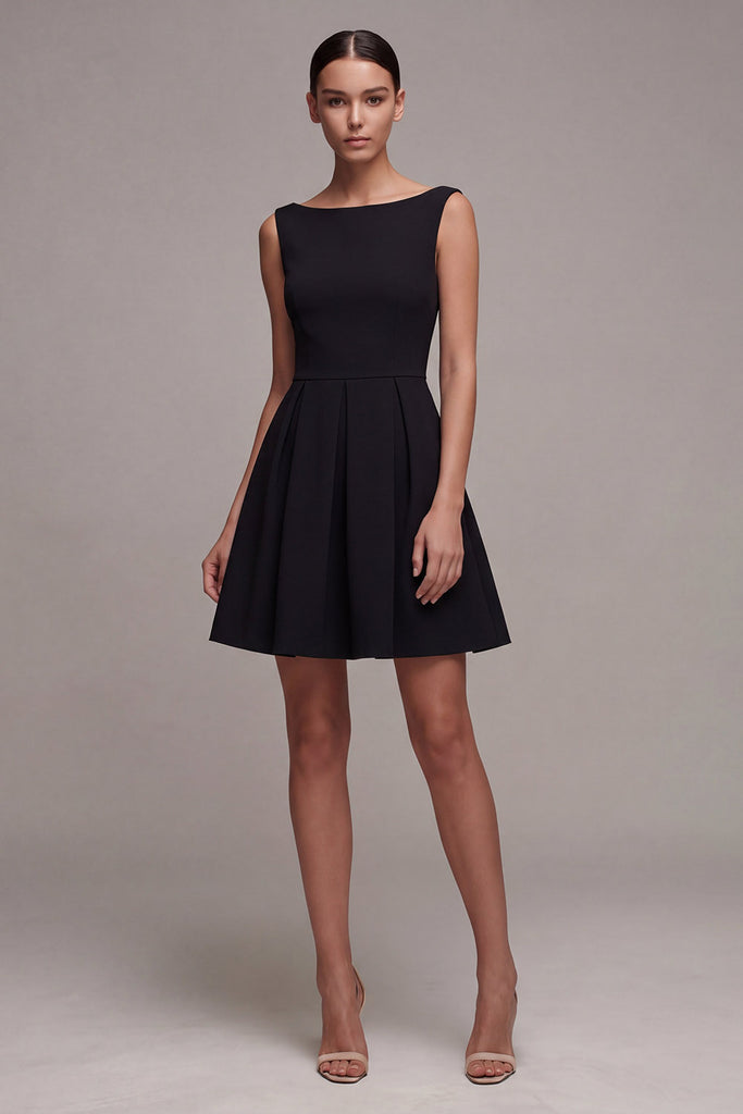Zapaka Women Simple Satin Little Black Dress Boat Neck A Line Cocktail ...