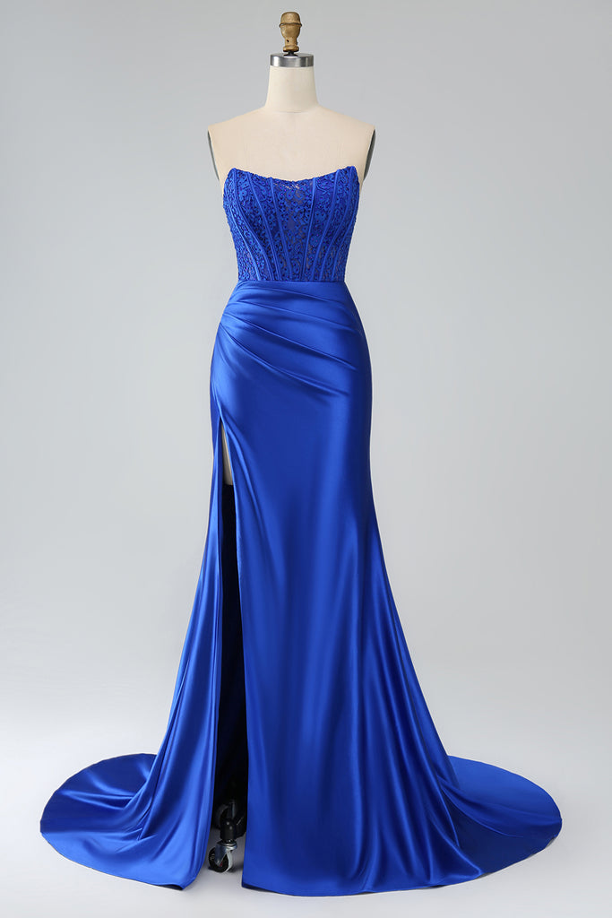 Zapaka Women Royal Blue Prom Dress Mermaid Strapless Long Corset Prom ...