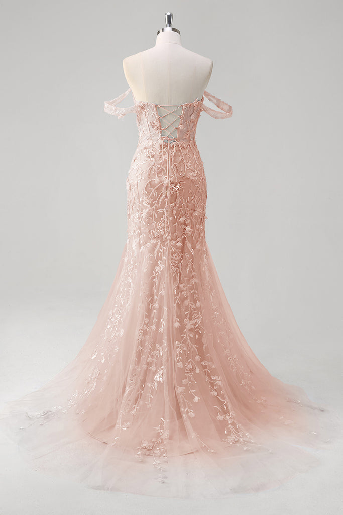 Zapaka Women Blue Prom Dress With Lace Up Back Off the Shoulder Mermaid Sequined Floral Corset ...