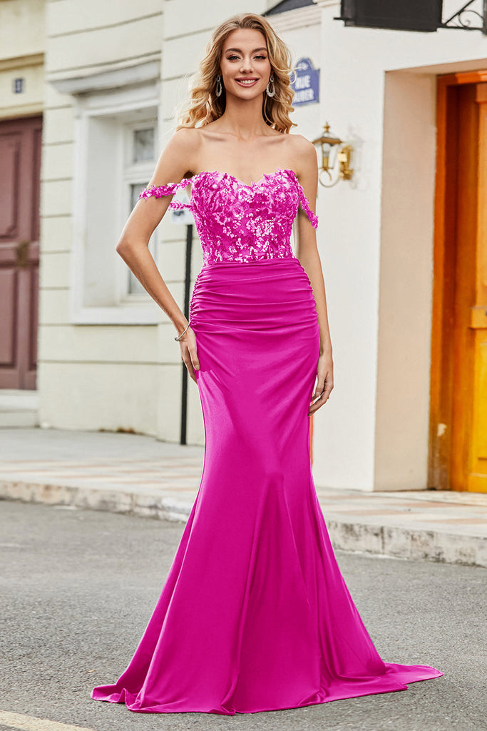 ZAPAKA Women Fuchsia Prom Dress with Ruffles Mermaid Off The Shoulder ...