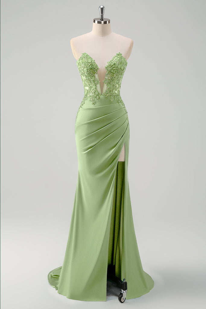 ZAPAKA Women Sparky Green Long Prom Dress Mermaid Strapless Appliques Corset Evening Dress with Slit