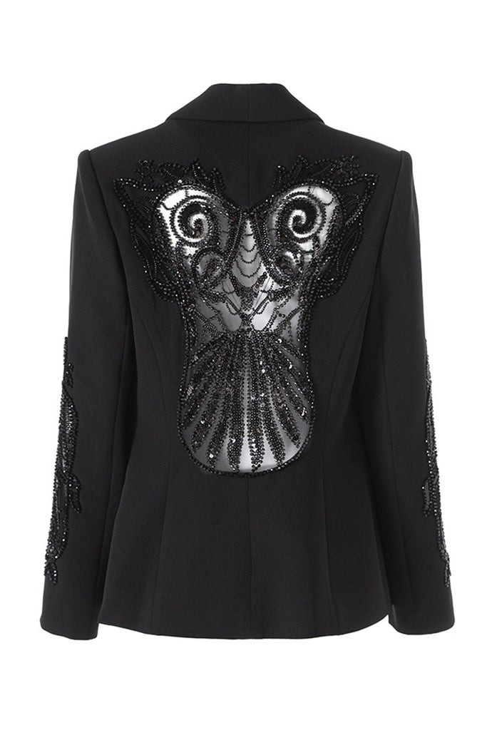 Zapaka Women Black Sequin Blazer One Button Beaded Shawl Laepl Party ...