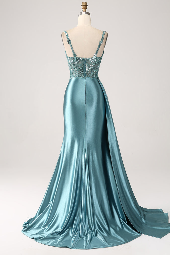 Zapaka Women Blue Prom Dress Mermaid V-Neck Satin Long Appliques Sequin ...