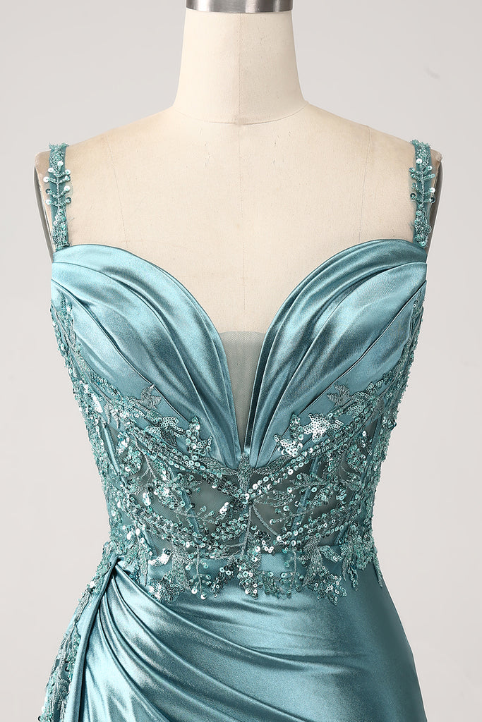 Zapaka Women Blue Prom Dress Mermaid V-Neck Satin Long Appliques Sequin ...