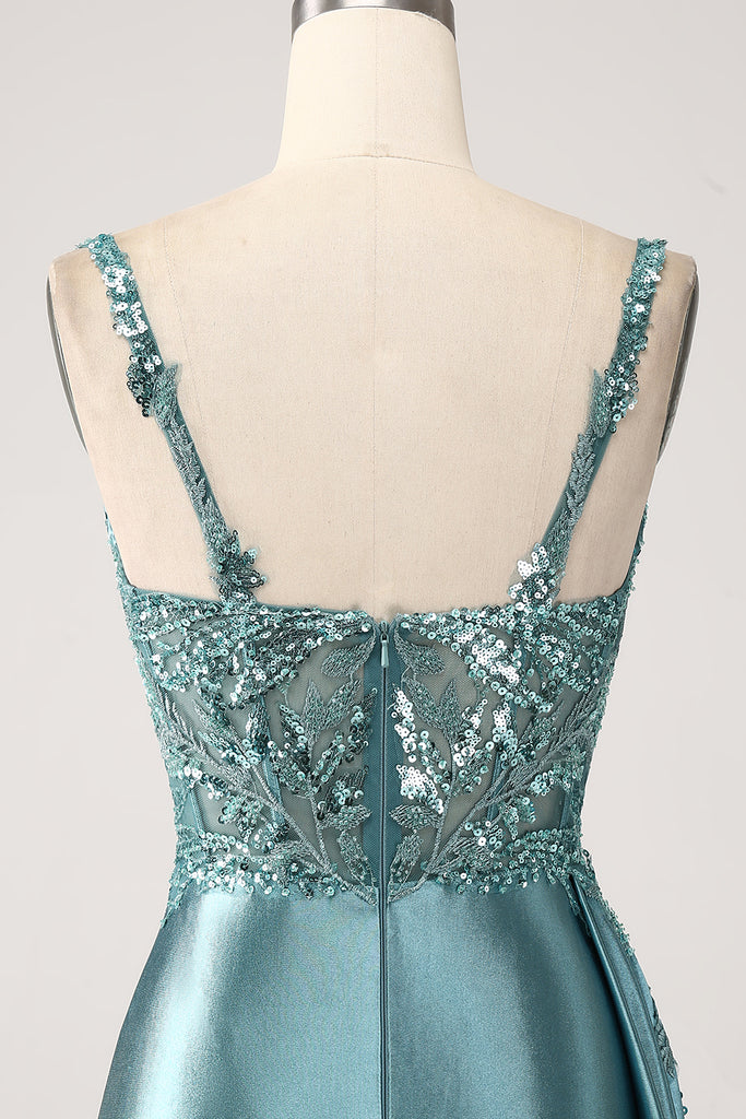 Zapaka Women Blue Prom Dress Mermaid V-Neck Satin Long Appliques Sequin ...