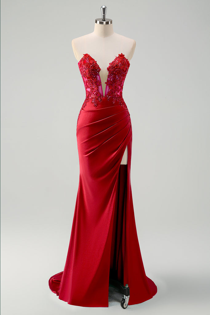 ZAPAKA Women Sparky Green Long Prom Dress Mermaid Strapless Appliques Corset Evening Dress with Slit