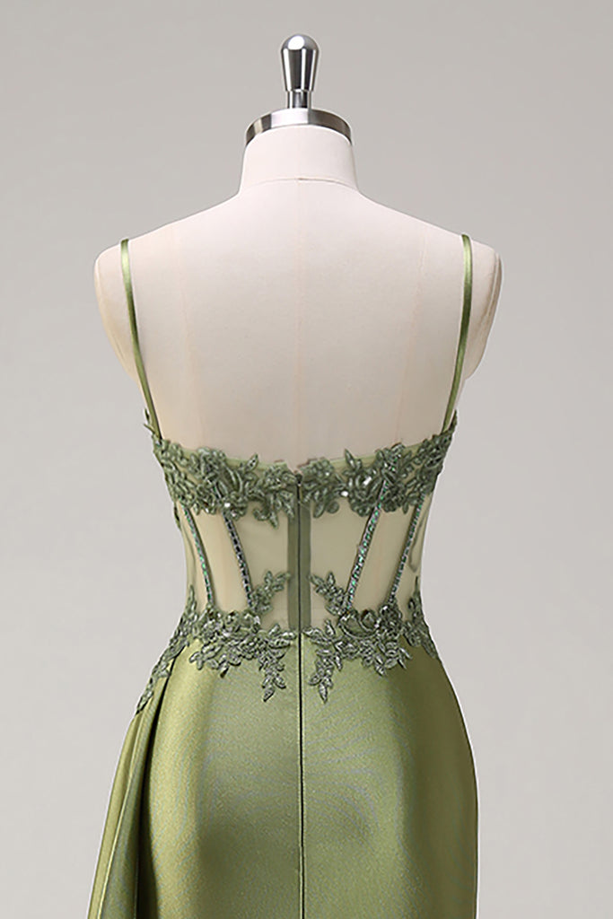 Zapaka Women Silver Satin Prom Dress With Slit Mermaid Pleated Sheer Long Corset Sequin Evening ...