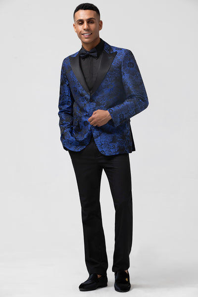 Zapaka Royal Blue Men's Prom Suits Jacquard Peak Lapel 2 Piece Party ...