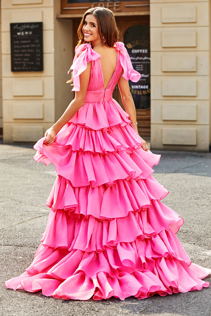 ZAPAKA Women Fuchsia Tiered Long Prom Dress Princess A-Line V-Neck Evening Party Dress With Slit