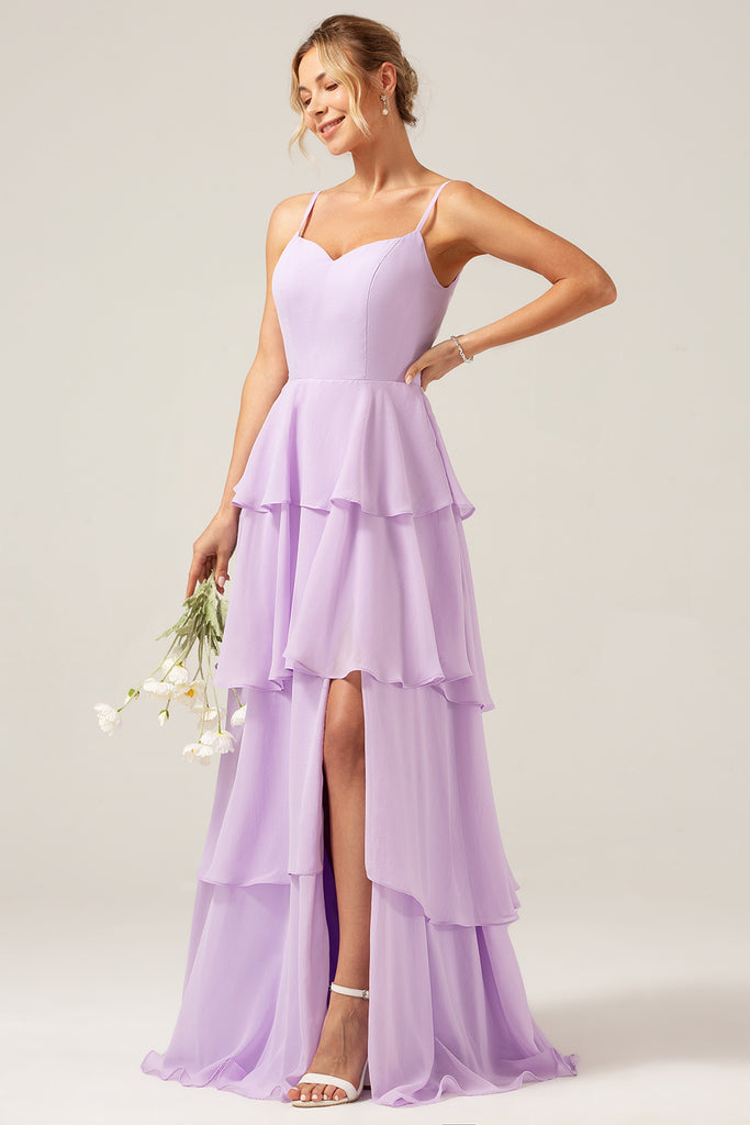 ZAPAKA Women Lilac Bridesmaid Dress with Slit Tiered Chiffon Spaghetti ...