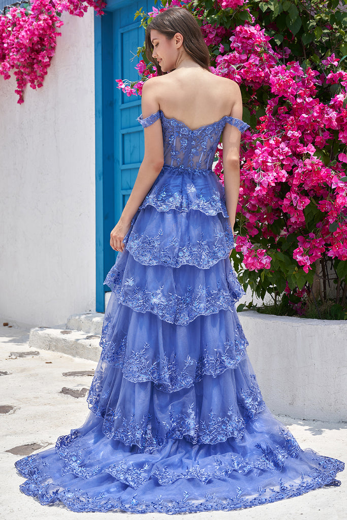 Zapaka Women Prom Dress Blue Off The Shoulder Tiered A-Line Evening ...