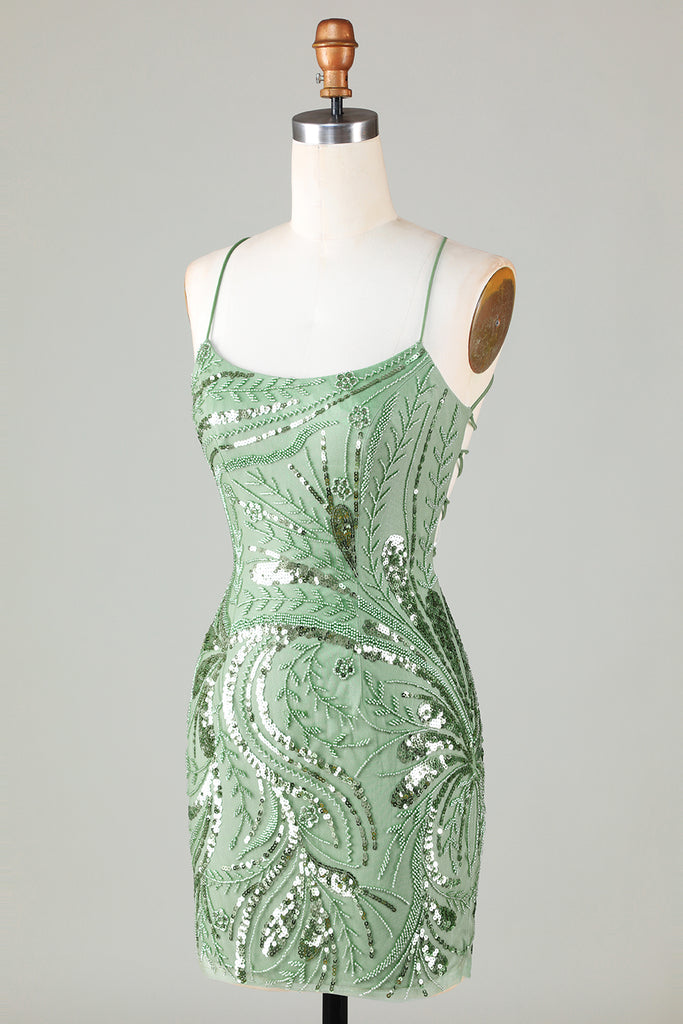 Zapaka Women Green Short Homecoming Dress Sparkly Sheath Spaghetti ...