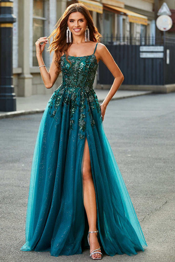 ZAPAKA Women Dark Green Prom Dress Tulle Spaghetti Straps A Line Evening Dress with Slit