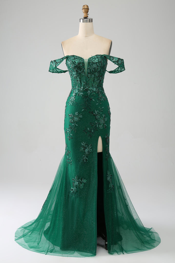 ZAPAKA Women Dark Green Prom Dress with Appliques Mermaid Off The ...