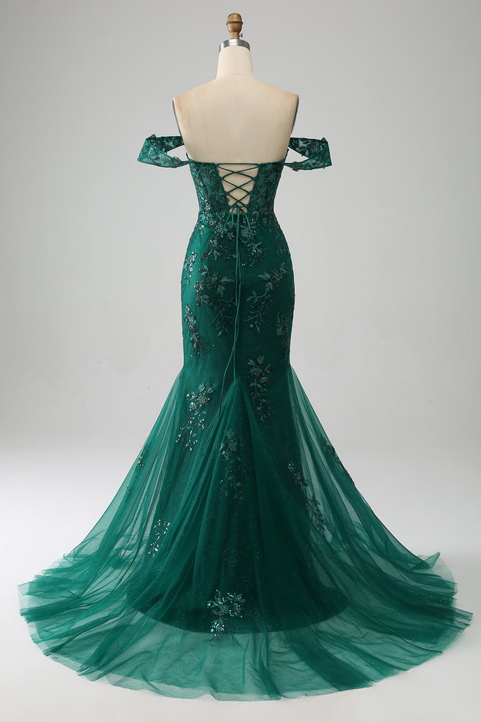ZAPAKA Women Dark Green Prom Dress with Appliques Mermaid Off The ...