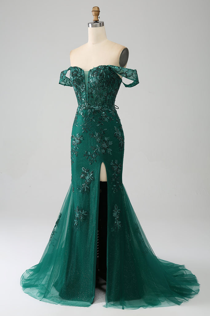 ZAPAKA Women Dark Green Prom Dress with Appliques Mermaid Off The ...