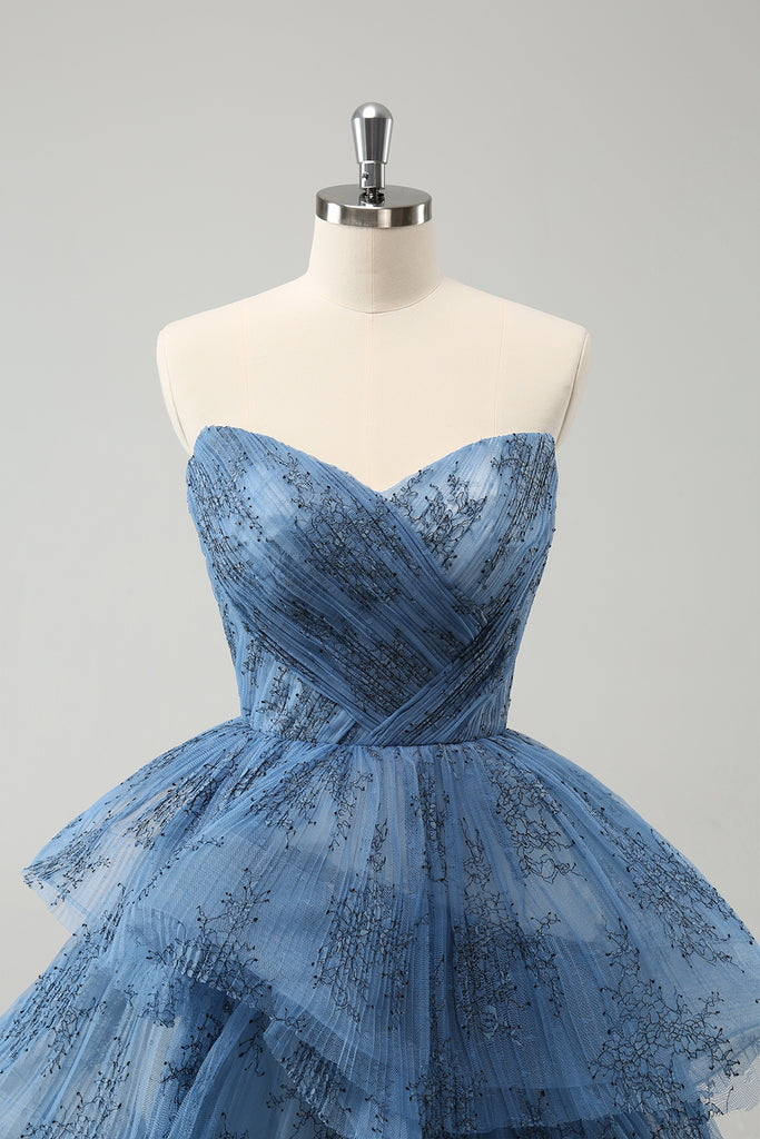 ZAPAKA Women Grey Blue A-Line Long Prom Dress Sweetheart Tiered ...