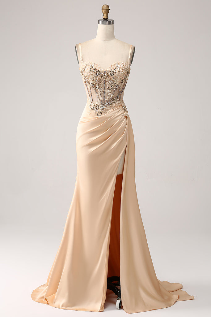 Zapaka Women Elegant Champagne Prom Dress With Slit Mermaid Pleated Satin Evening Dress With ...