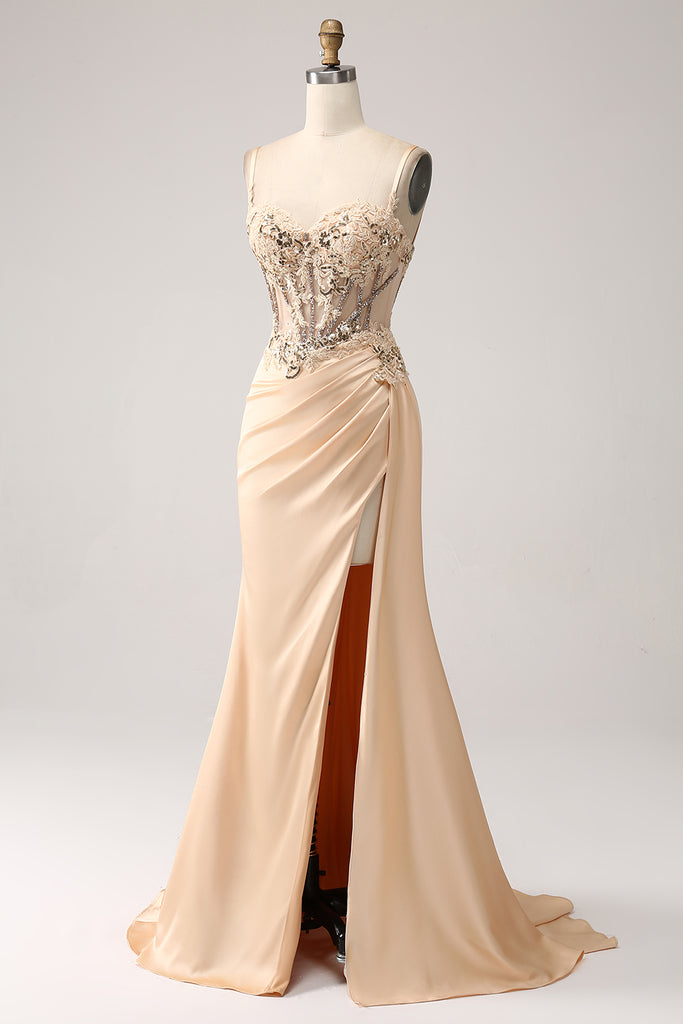 Zapaka Women Elegant Champagne Prom Dress With Slit Mermaid Pleated Satin Evening Dress With ...