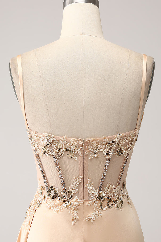 Zapaka Women Elegant Champagne Prom Dress With Slit Mermaid Pleated Satin Evening Dress With ...