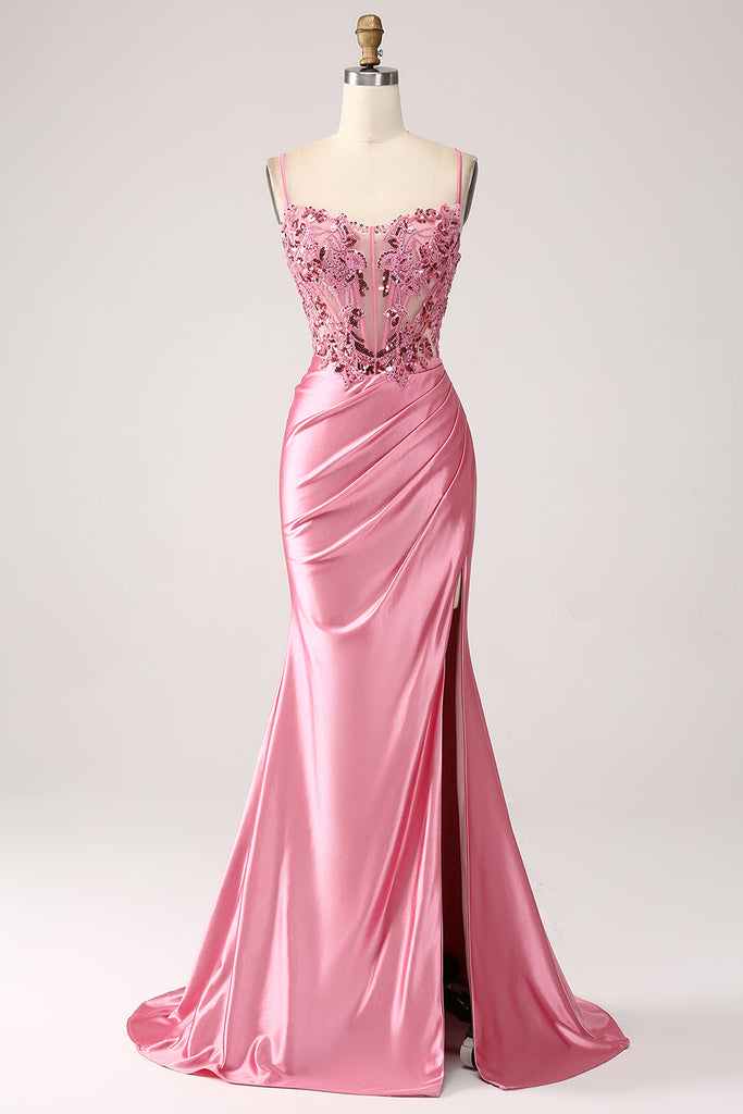 ZAPAKA Women Pink Satin Mermaid Corset Prom Dress with Slit Spaghetti ...
