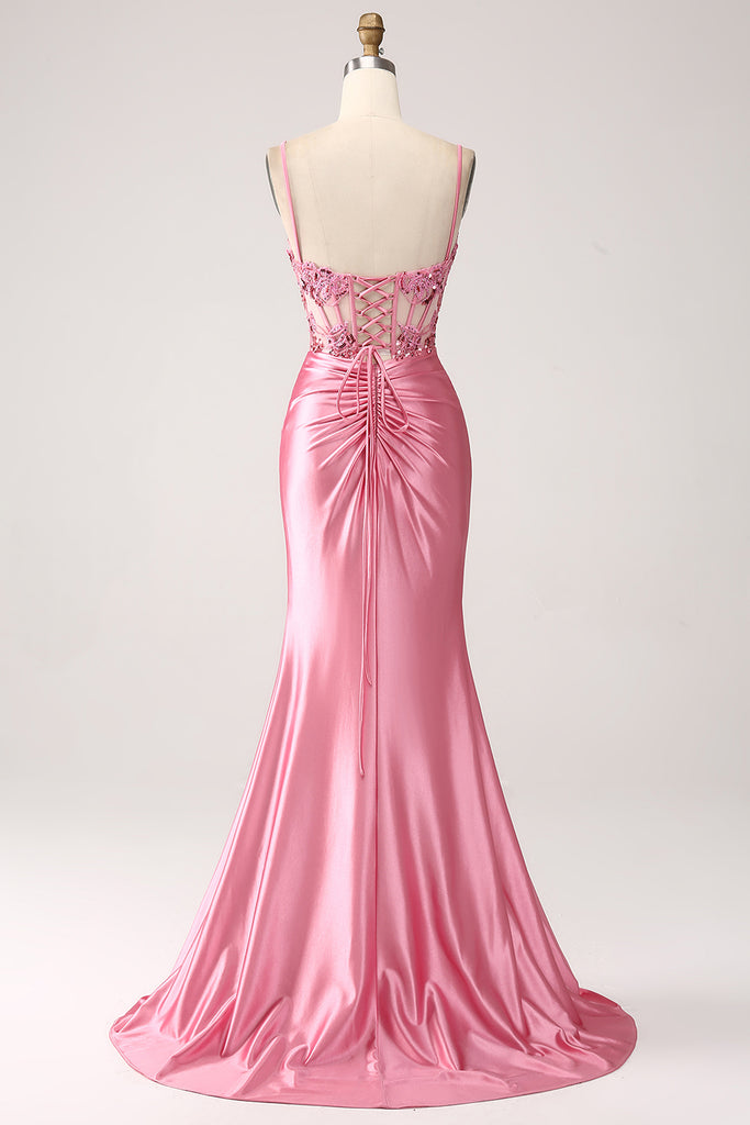 ZAPAKA Women Pink Satin Mermaid Corset Prom Dress with Slit Spaghetti Straps Long Party Dress