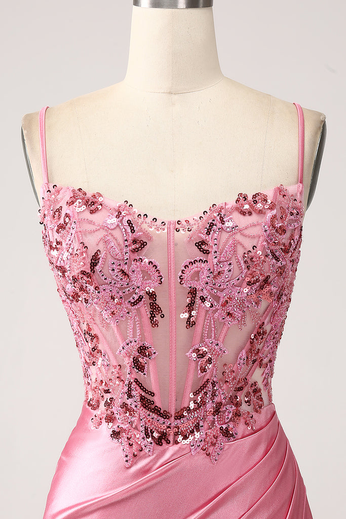 ZAPAKA Women Pink Satin Mermaid Corset Prom Dress with Slit Spaghetti Straps Long Party Dress