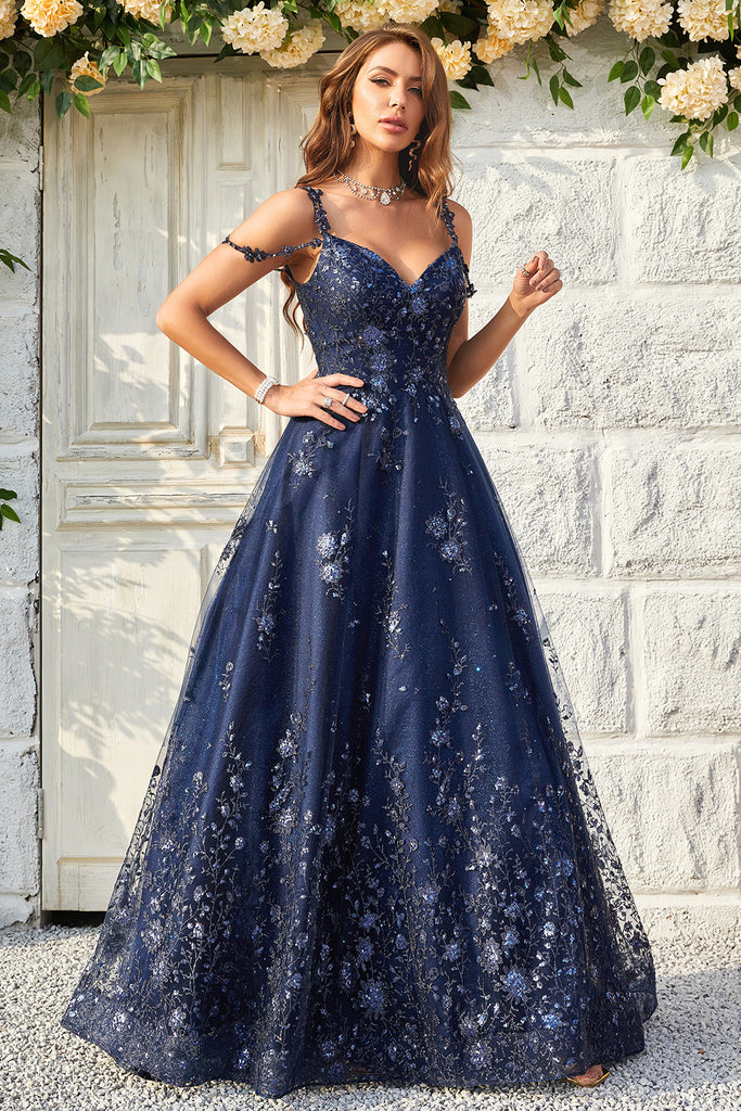 Zapaka Women Navy Long Prom Dress A Line Off the Shoulder Formal Dress ...
