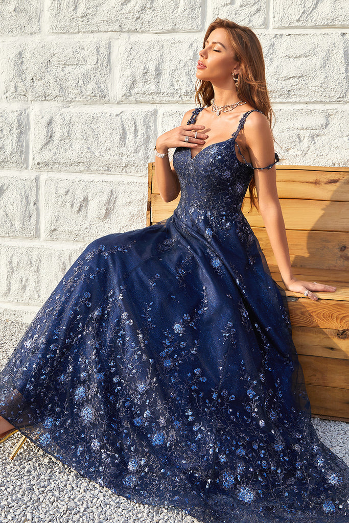 Zapaka Women Navy Long Prom Dress A Line Off the Shoulder Formal Dress ...