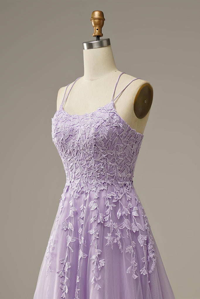 Zapaka Women's Purple Prom Dress with Appliques Tulle Spaghetti Straps ...