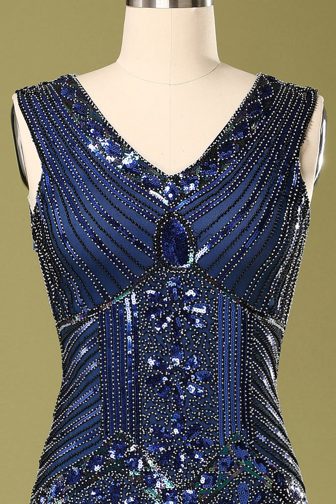 Women Blue Sequins Glitter Bodycon Fringe Vintage 1920s Flapper Dress ...