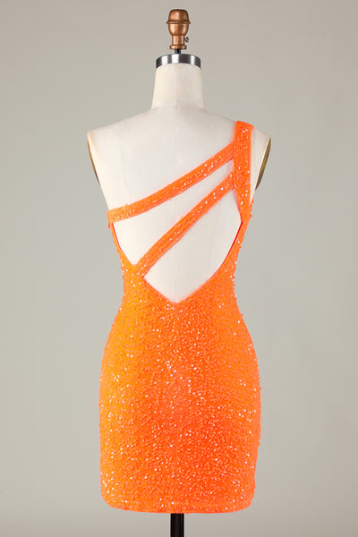 ZAPAKA Sequins One Shoulder Orange Tight Beading Short Homecoming ...