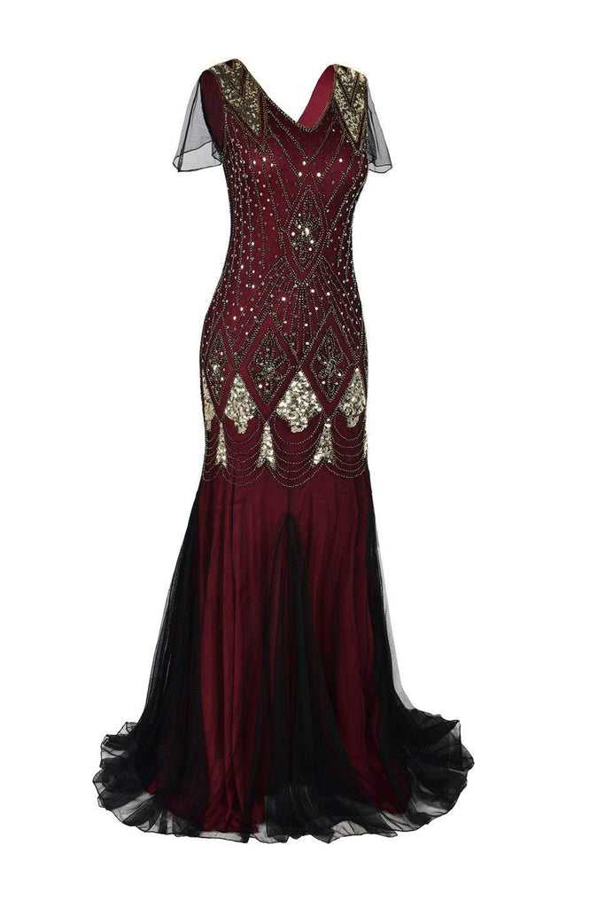 Zapaka Mermaid V-Neck Burgundy Sequins 1920s Gatsby Flapper Formal ...