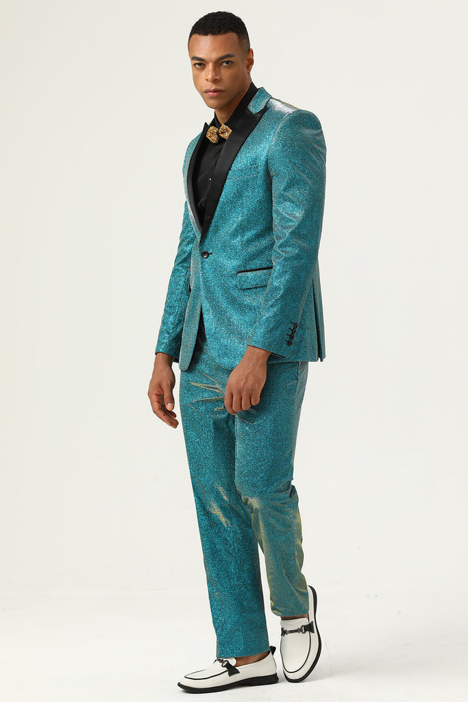 Zapaka Glitter Peacock Blue Peak Lapel One Button 2 Piece Men's Suits ...