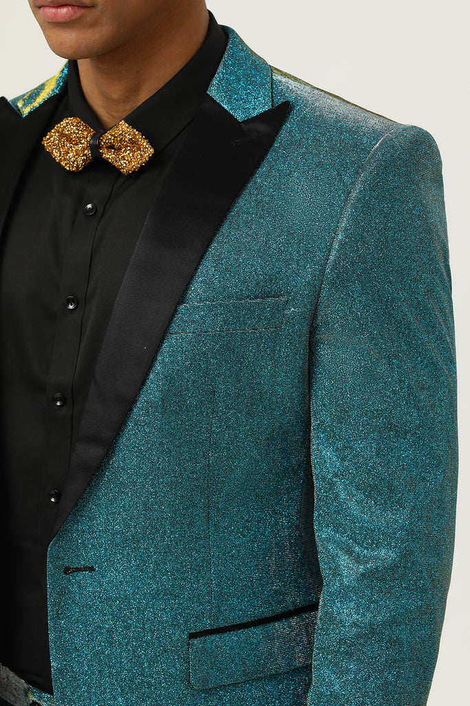 Zapaka Glitter Peacock Blue Peak Lapel One Button 2 Piece Men's Suits ...