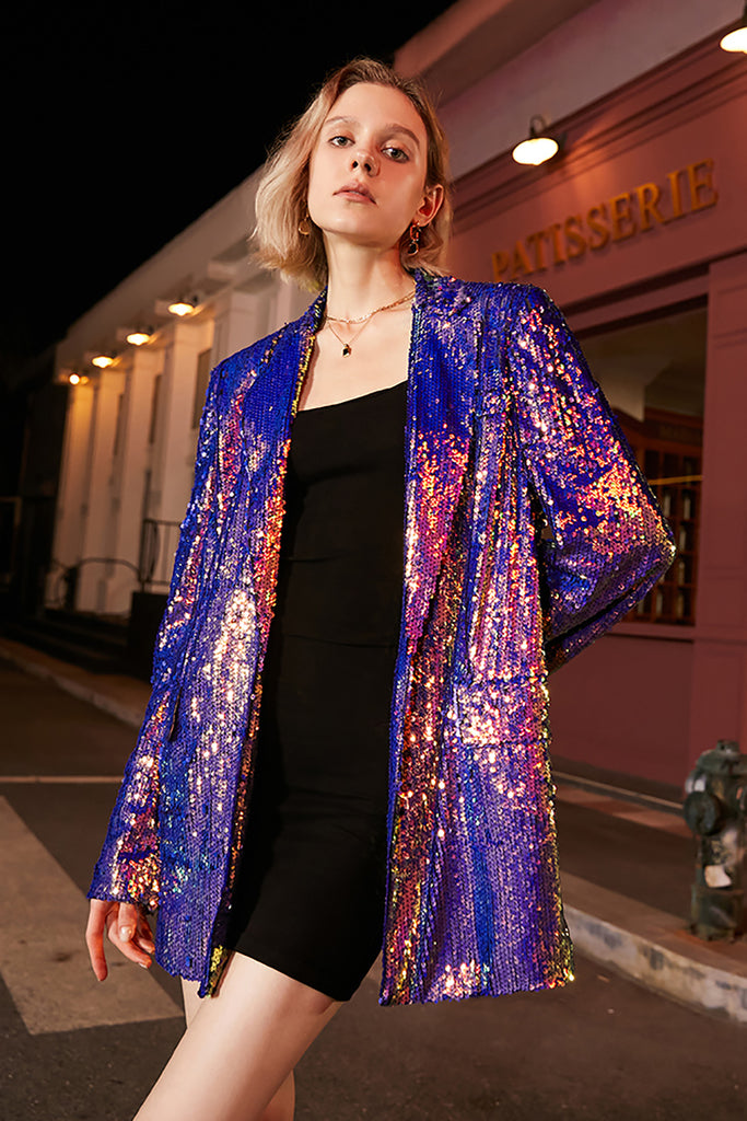 Zapaka Sparkly Purple Sequins Oversized Longline Prom Blazer For Women ...