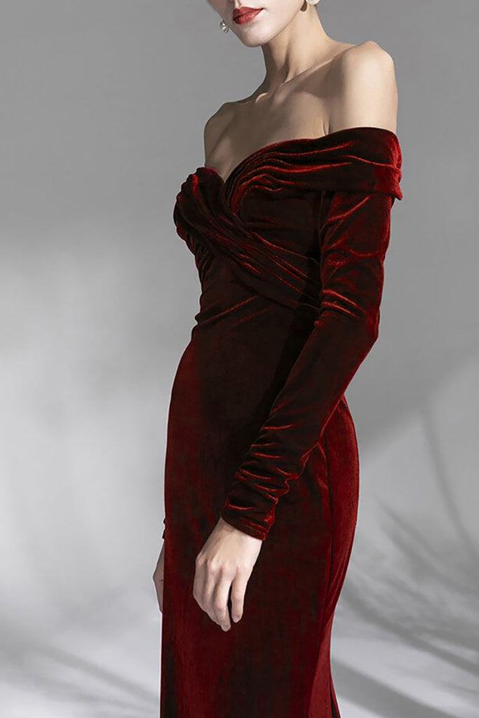 Zapaka Women Burgundy Velvet Off the Shoulder Long Sleeves Floor Length Evening Dress – ZAPAKA