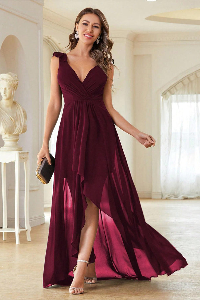 Zapaka Women A-Line Burgundy V-Neck Chiffon High Low Prom Dress – ZAPAKA