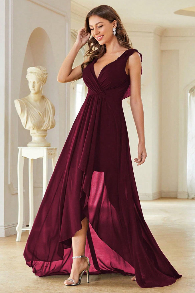 Zapaka Women A-Line Burgundy V-Neck Chiffon High Low Prom Dress – ZAPAKA