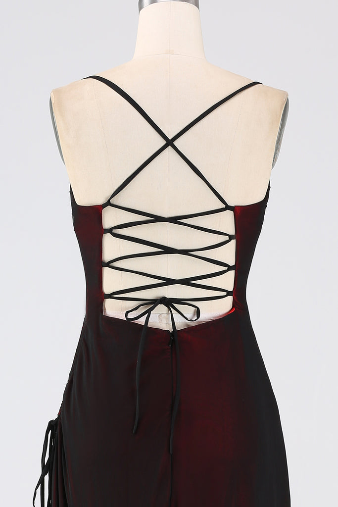 Zapaka Women Sheath Spaghetti Straps Black Red Floor Length Bridesmaid