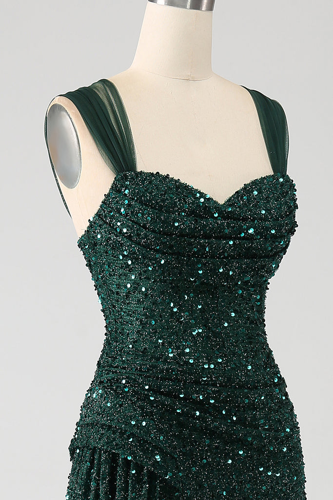 ZAPAKA Women Dark Green Prom Dress Sheath Sparkly Sequin Pleated Long ...