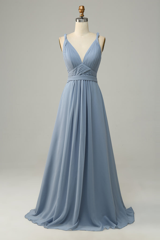 Zapaka Women Dusty Blue Long Bridesmaid Dress Deep V Neck A Line Formal ...