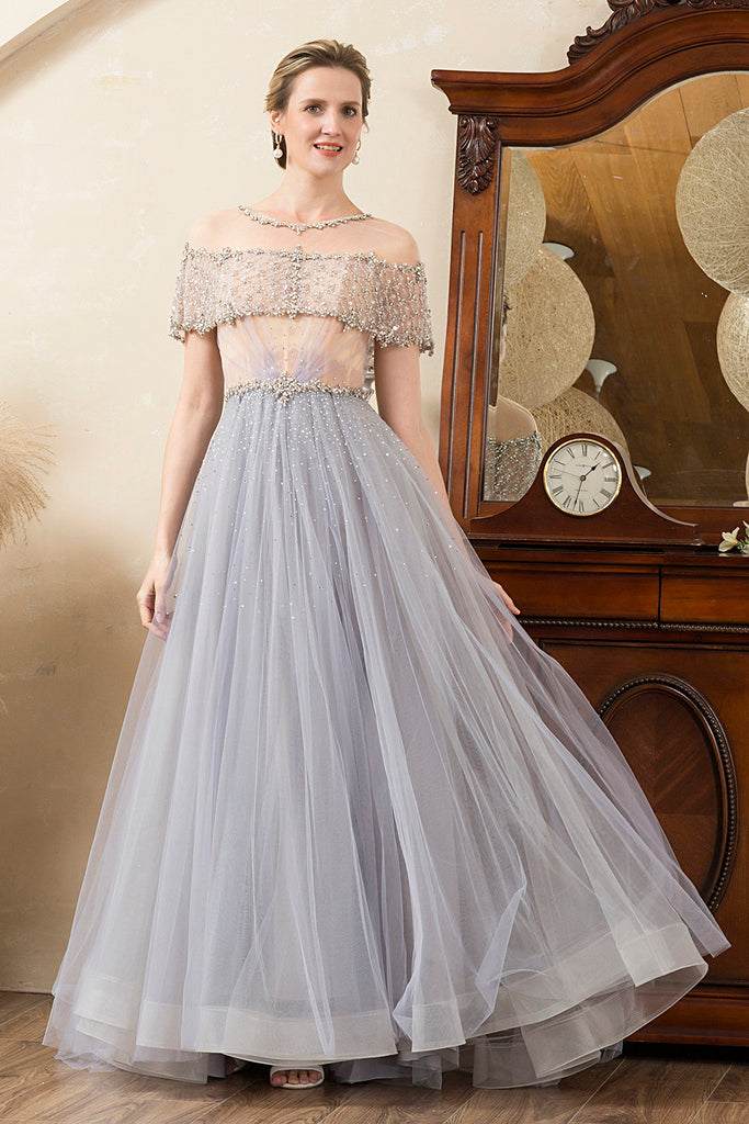 ZAPAKA Women Grey Tulle A Line Beaded Glitter Mother of Bride Dress