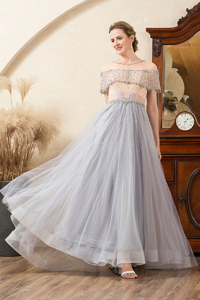 ZAPAKA Women Grey Tulle A Line Beaded Glitter Mother of Bride Dress