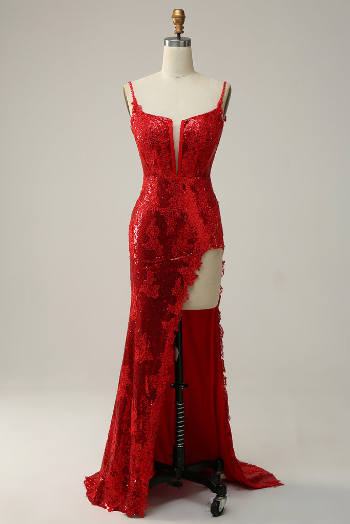 Zapaka Women Red Long Prom Dress Sheath Spaghetti Straps Formal Dress ...