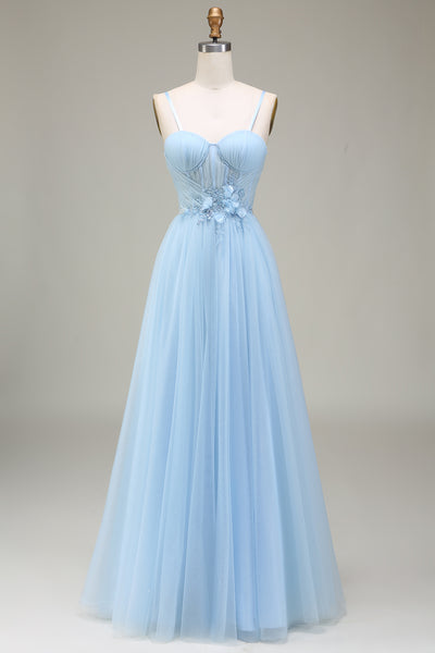 ZAPAKA Women Sparkly Light Blue A-Line Spaghetti Straps Tulle Prom ...