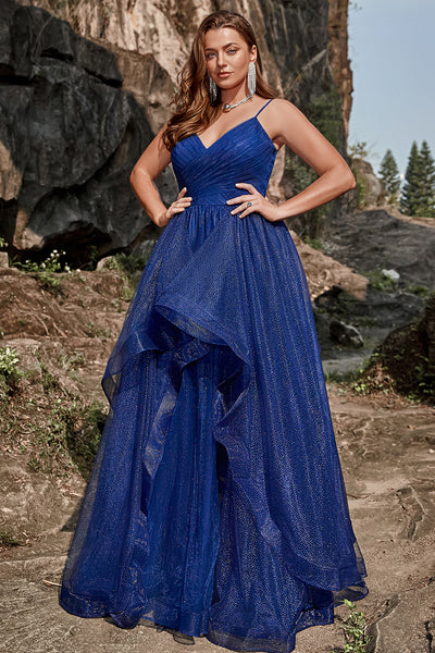 Zapaka Women Navy Plus Size Prom Dress A Line Spaghetti Straps Formal ...