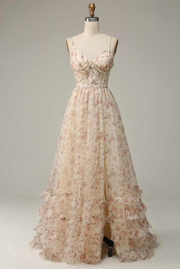 ZAPAKA Women Apricot A Line Print Prom Dress with Slit Spaghetti Straps ...